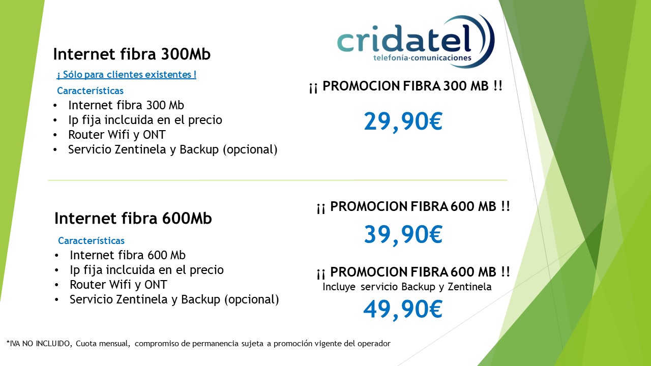 Promoción internet fibra óptica para empresas - CRIDATEL SL